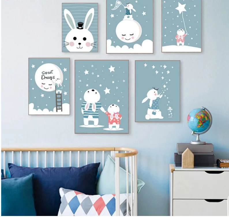 Lovely-Room-Animal-Chasing-Star-Rabbit-Wall-Art-Canvas-Painting-Nordic ...