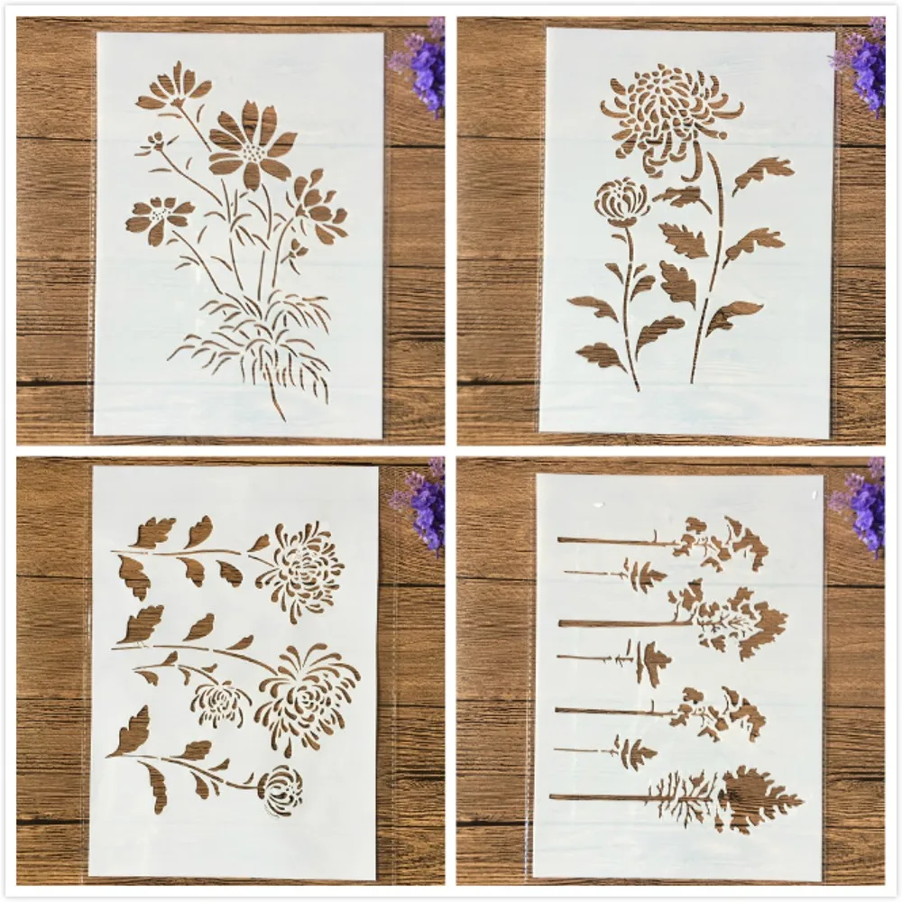 4pcs/set A4 29cm Chrysanthemum Flower Tree Diy Layering Stencils ...