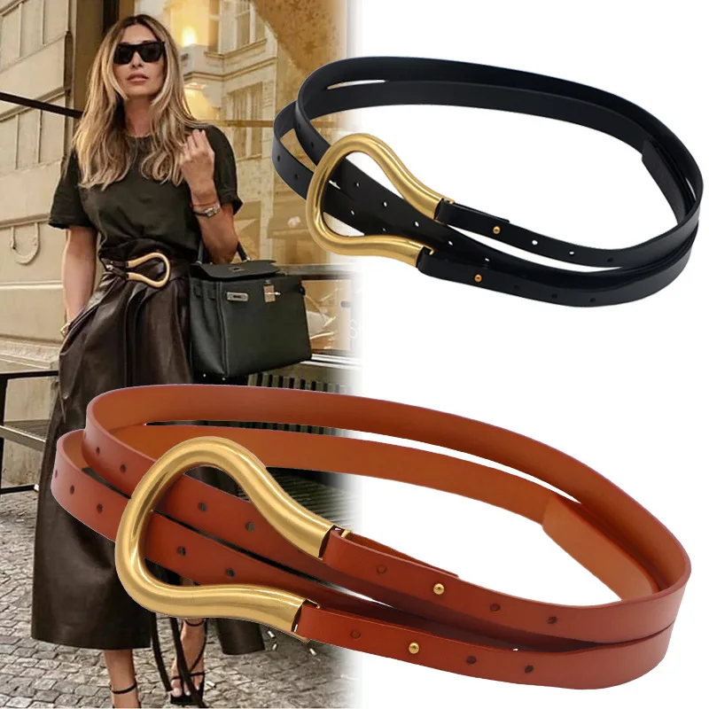 Fashion leather arc metal horseshoe buckle big U belt ladies thin belt ...
