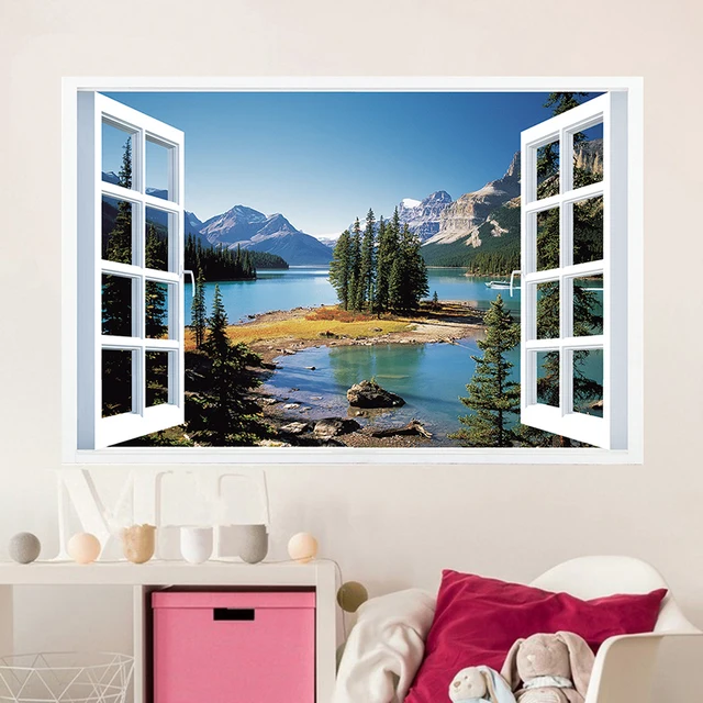 3D Simulation Fake Window Wallpaper Lake Landscape Mountain Clouds Wall ...