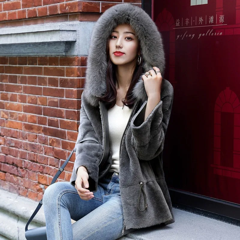 Natural Sheep Shearling Jacket Womn's Real Hooded Fox Fur Collar Winter ...