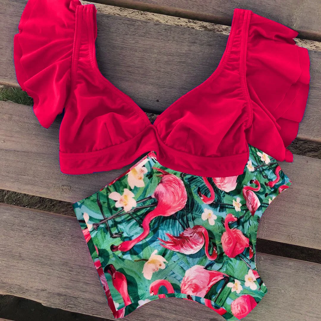 Flamingo Off The Shoulder Bikinis Women Swimsuit With Ruffle Plus Size ...