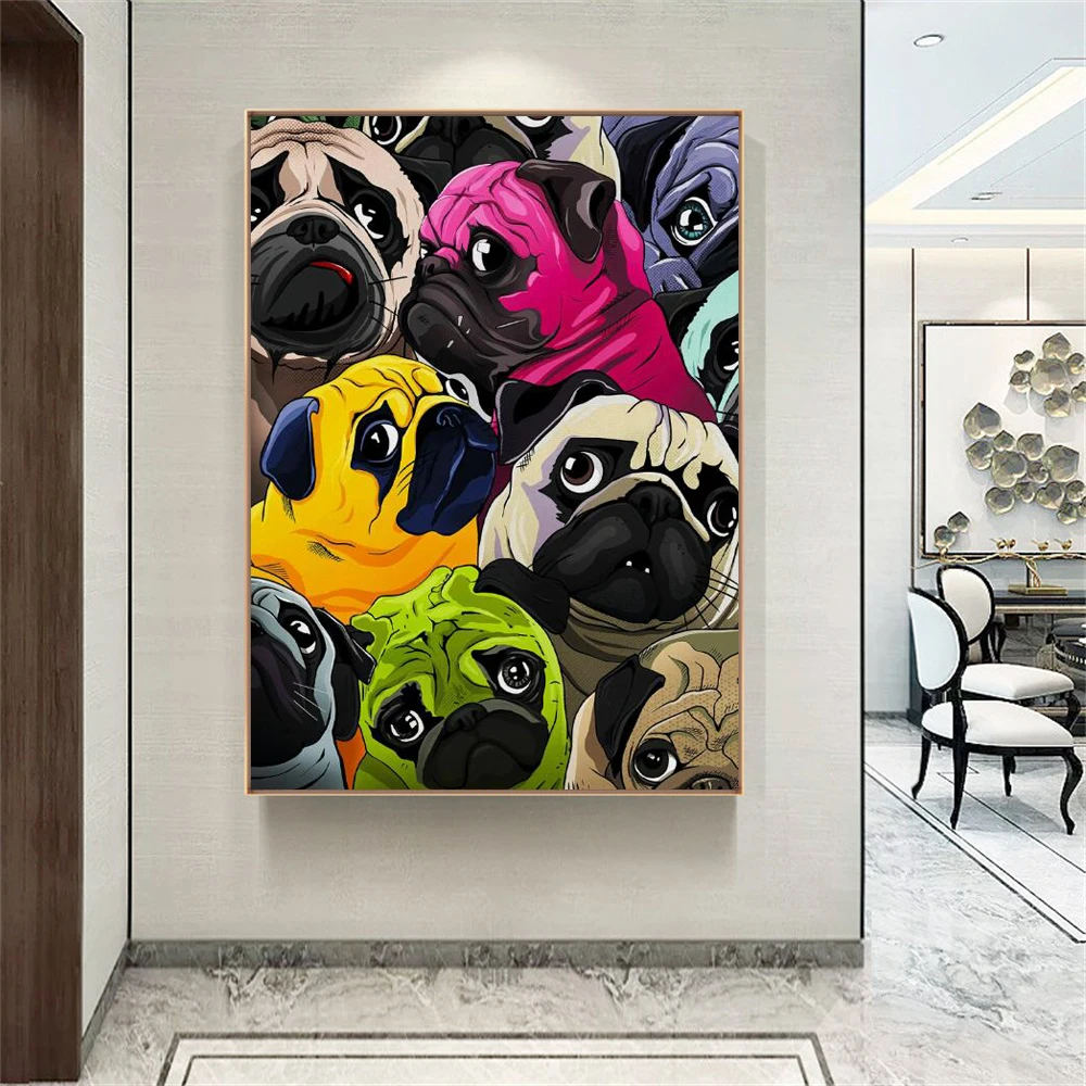 Cute Pugs Graffiti Poster Watercolor Animal Dogs Paintings Wall ...