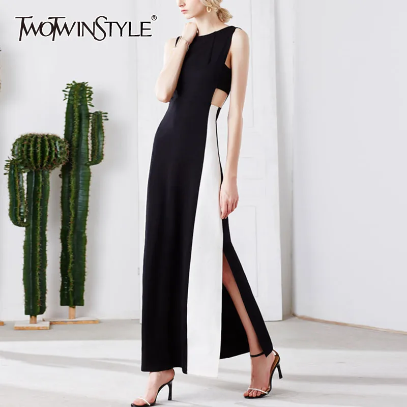 TWOTWINSTYLE-Elegant-Colorblock-Cut-Out-Side-Split-Long-Dress-Female ...