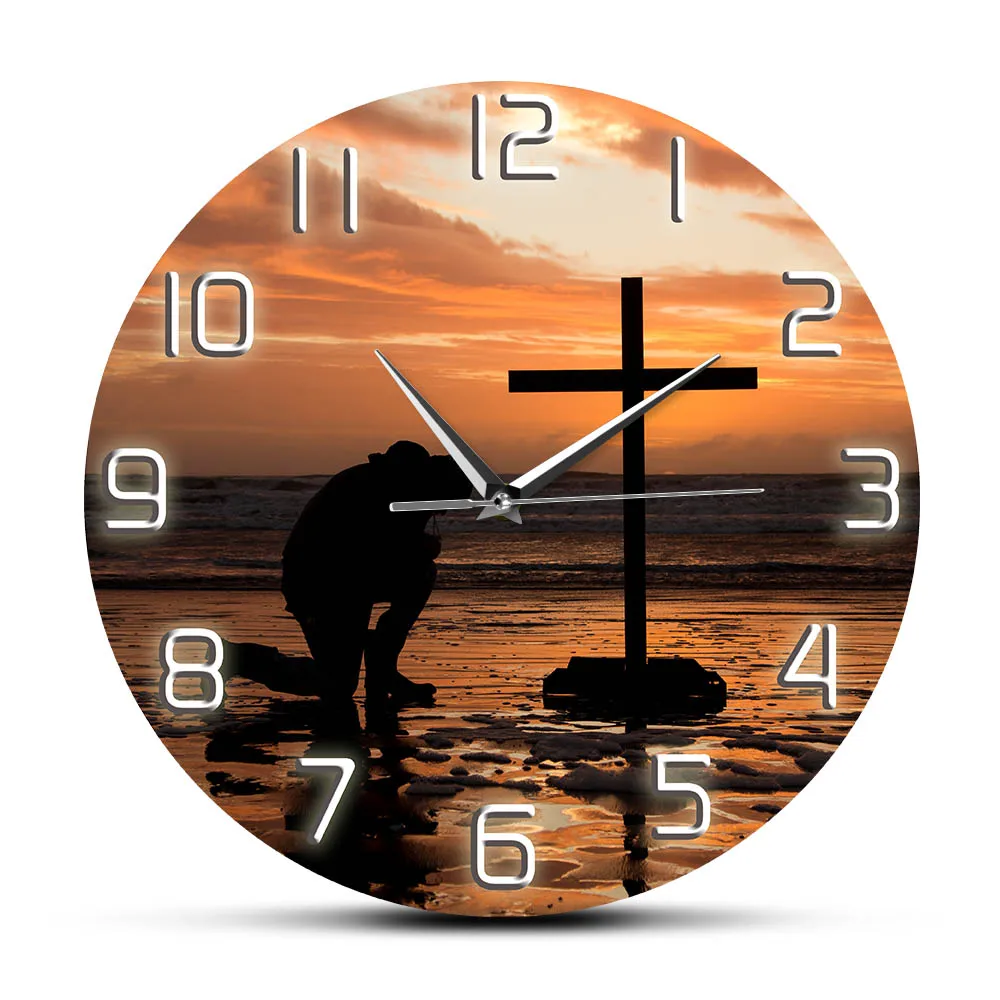 Godly Man Kneeling Pray At Cross Religious Wall Clock Pastor Precher ...