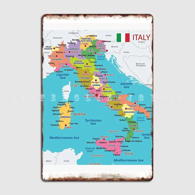 Italy Map With Regions And Main Cities Poster Metal Plaque Wall Mural ...