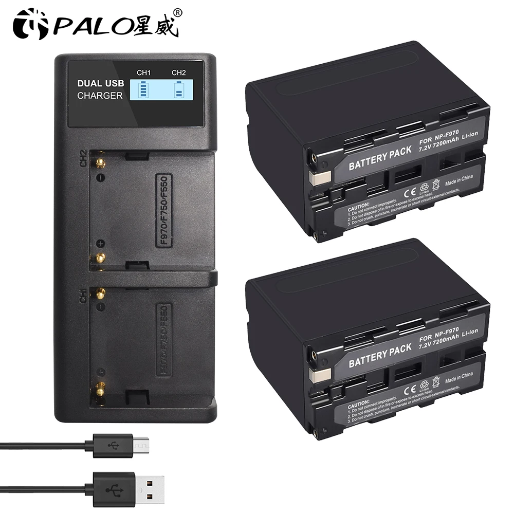 PALO 100% 오리지널 7200mAh NP F970 NP F960 배터리 + 초고속 LCD 듀얼 충전기 소니 NP F970 F960 F550 F570 F980 QM ...