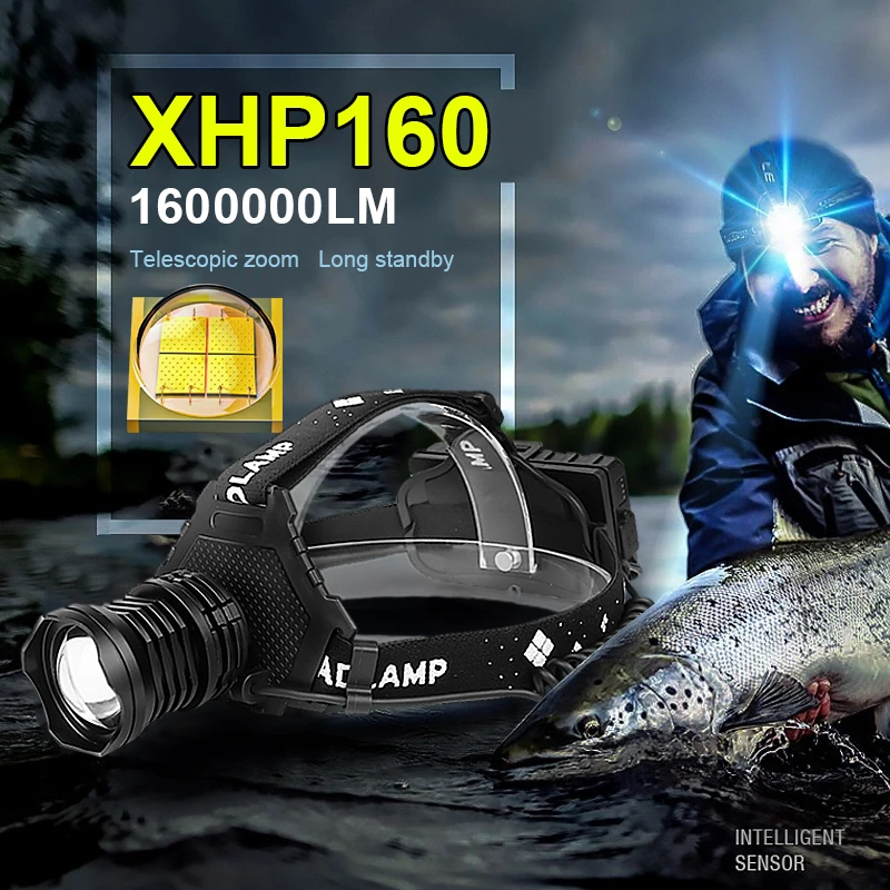 1600000LM Fishing LED Light XHP160 Powerful Headlamp Rechargeable 18650 ...