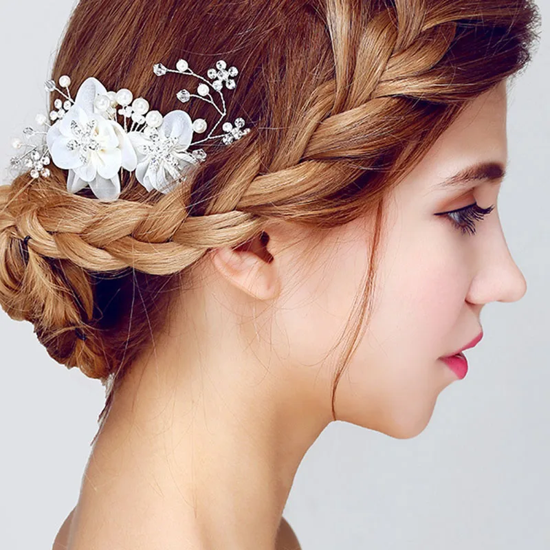 White Color Rhinestone Flower Hair Sticks Leaf Bridal Hair Comb For ...