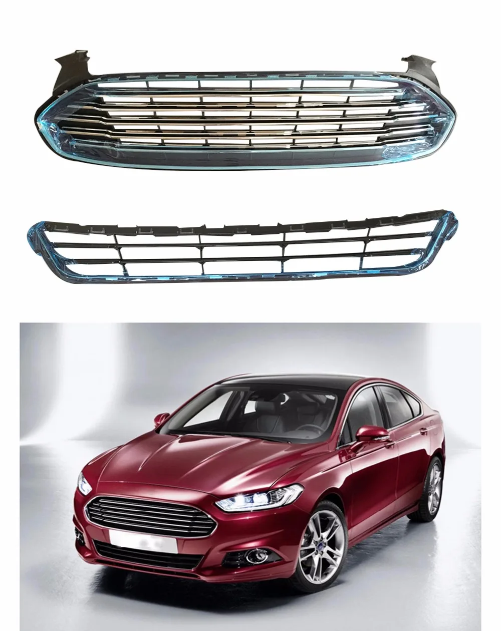 2Pcs Lower &Upper Front Radiator Grille Grill Chrome for Ford Fusion ...