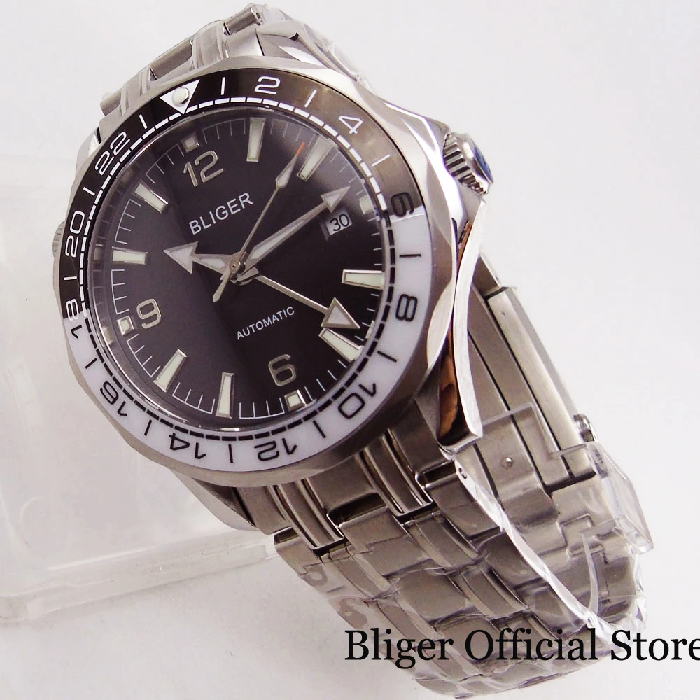 BLIGER Men Watch Sapphire Glass Automatic Movement GMT Hand Stainless ...