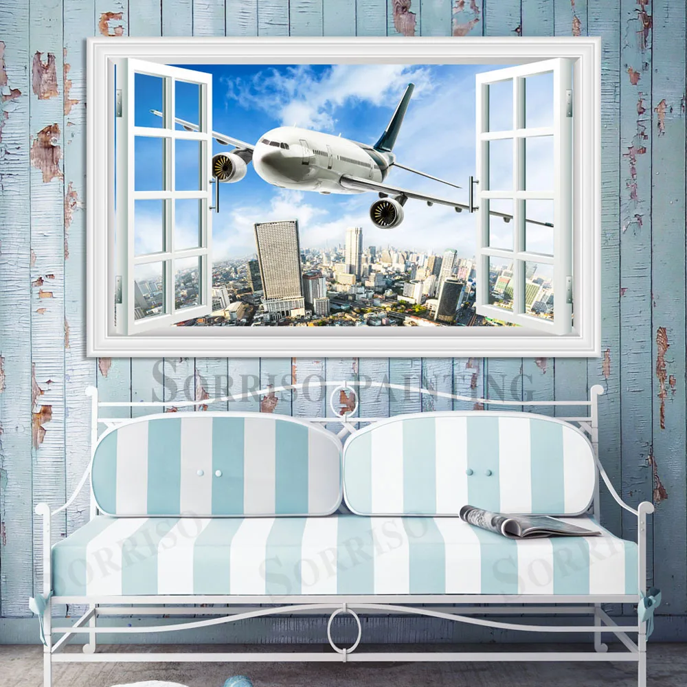 Modern-Plane-Aircraft-Scenery-Pretend-Window-3D-Wall-Design-Art-Canvas ...