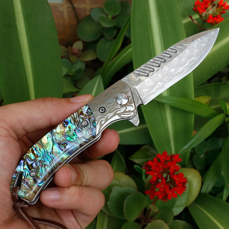 Damascus Shell Wooden Handle Folding Knife Steel 5cr13mov Folder Steel ...