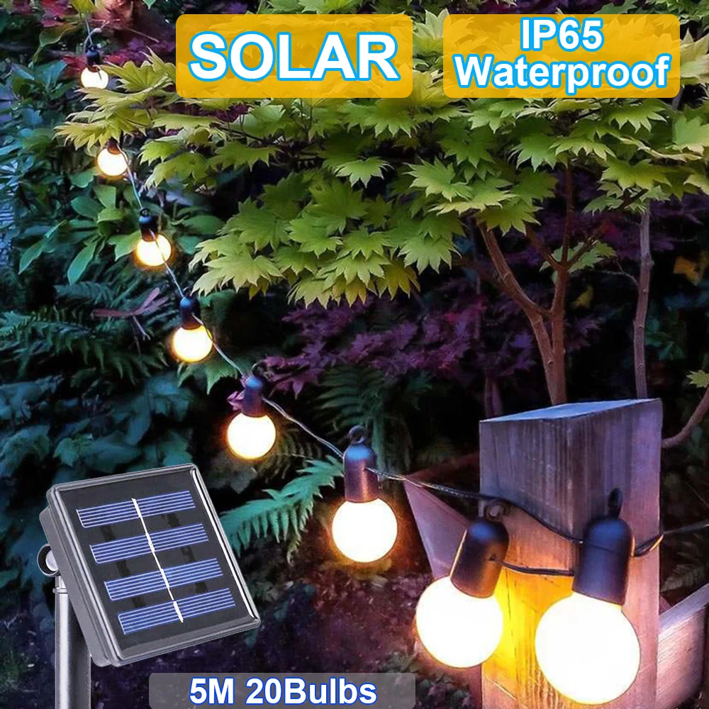 5m Solar LED String Light G50 20 Bulb Fairy String Lights Waterproof ...