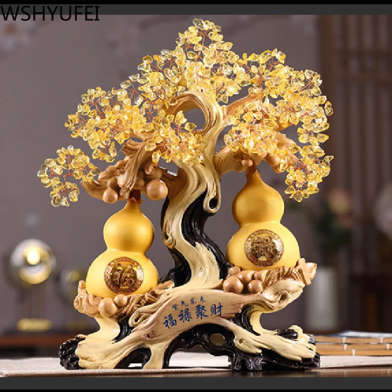 Chinese Style Lucky Tree Fortune Feng Shui Gourd Statue Ornaments Resin ...