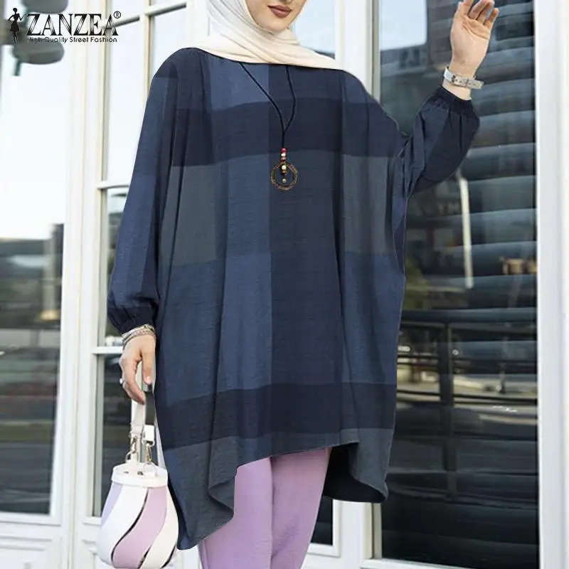 ZANZEA-Women-Check-Print-Muslim-Blouse-Casual-Turkish-Blusa-Chemise ...