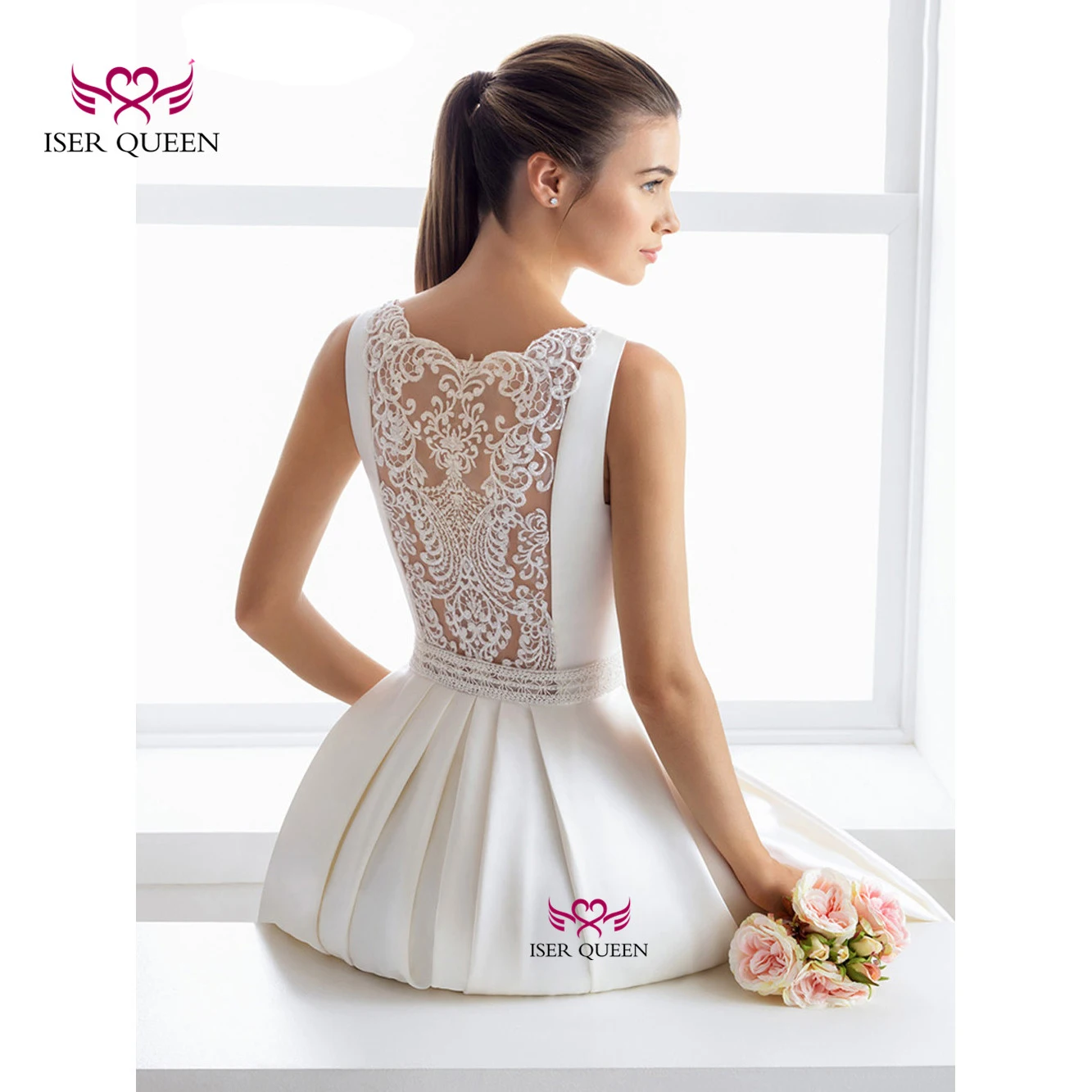 Блестящий атлас чистый белый Простой невесты платья без рукавов нежное ...