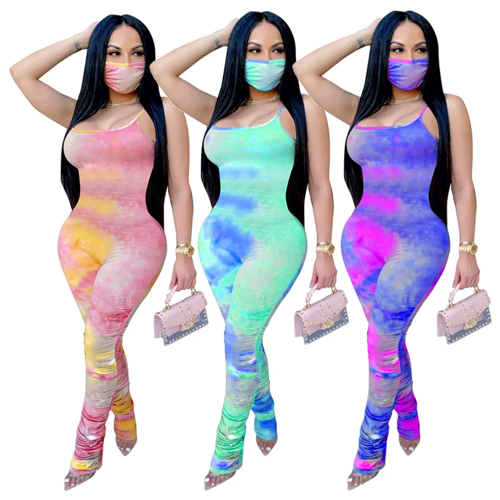 Fashion Tie Dye Print Jumpsuit Spaghetti Straps Sleeveless Pleated