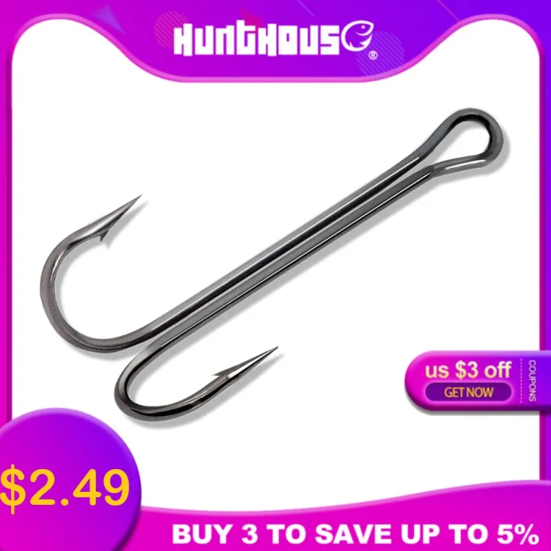 Hunthouse fishing hooks 1/0 2/0 3/0 Double Hook long high carbon steel ...