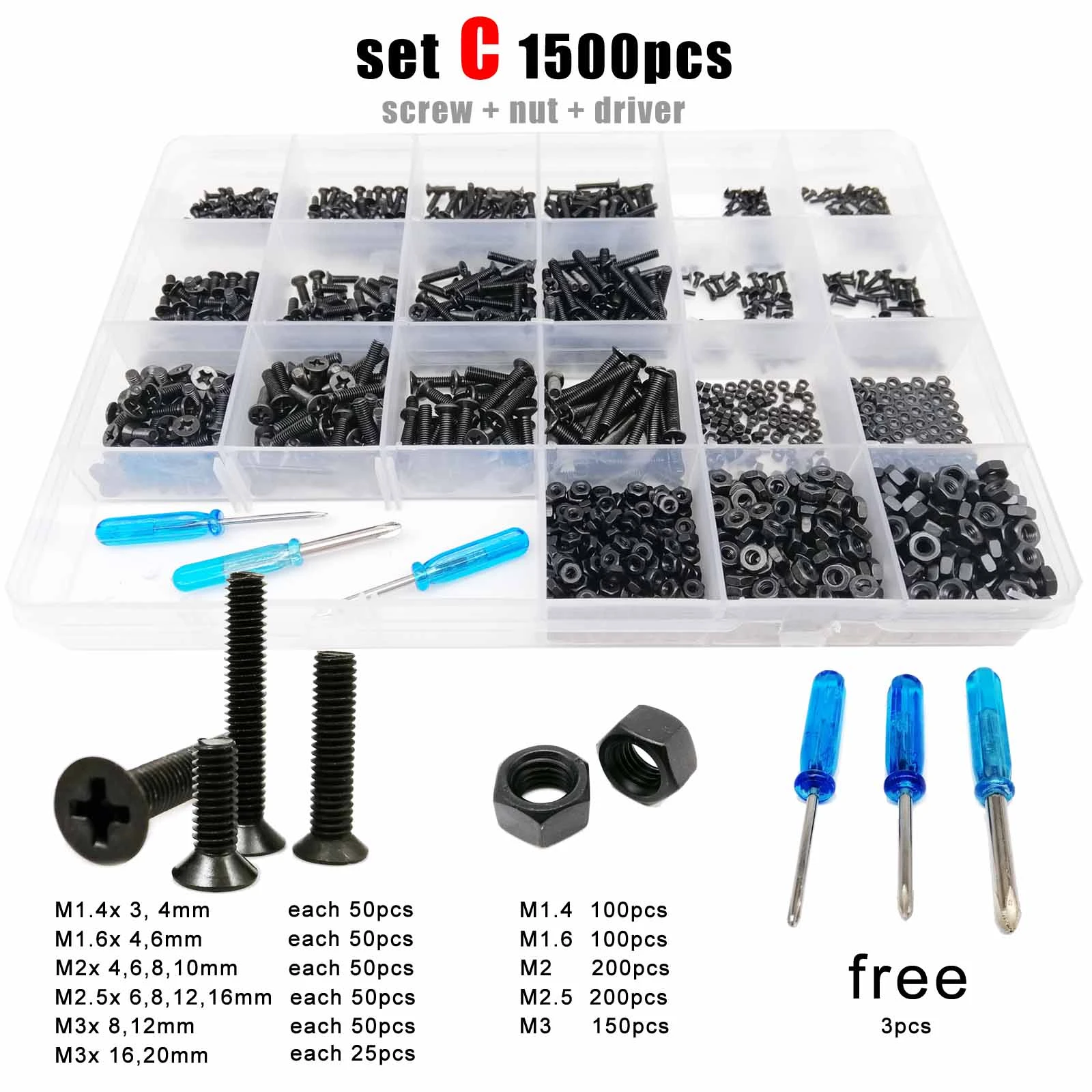 500/750/1500pcs M1.4 M1.6 M2 M2.5 M3 Black Mini Micro Phillips Cross ...