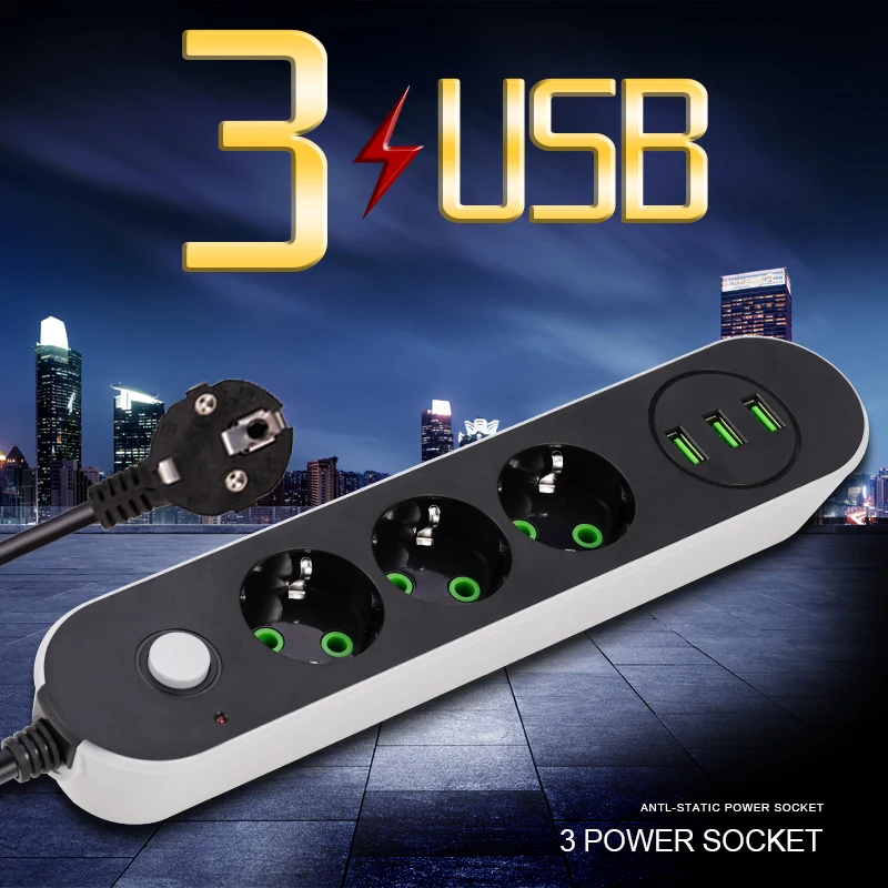 2 Round Pin Eu Plug Power Strip Socket 3 Outlet 3port Usb Multi 5m/2m/1 ...