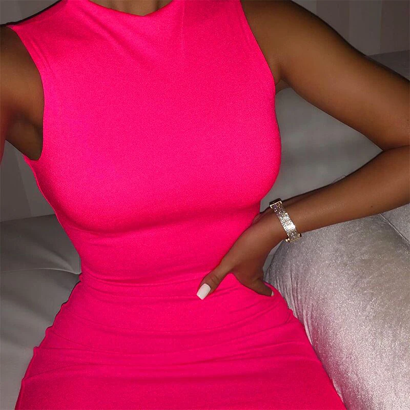 Omsj Summer Neon Pink Sleeveless Mini Dress Bodycon Sexy Fashion Party ...