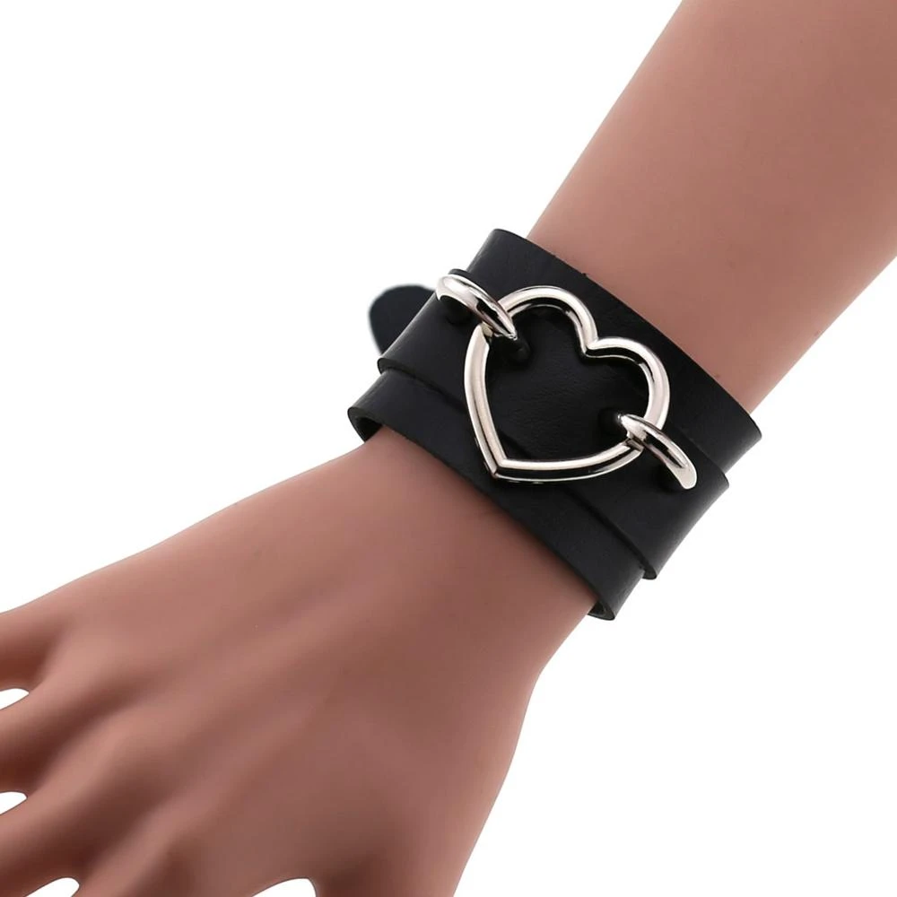 Heart Bracelet Black Leather Wristband Cuff Goth Gothic Punk Armbands ...