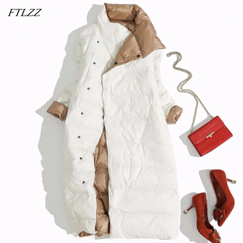 FTLZZ Plus Size 5XL Women Double Sided Down Long Jacket White Duck Down ...