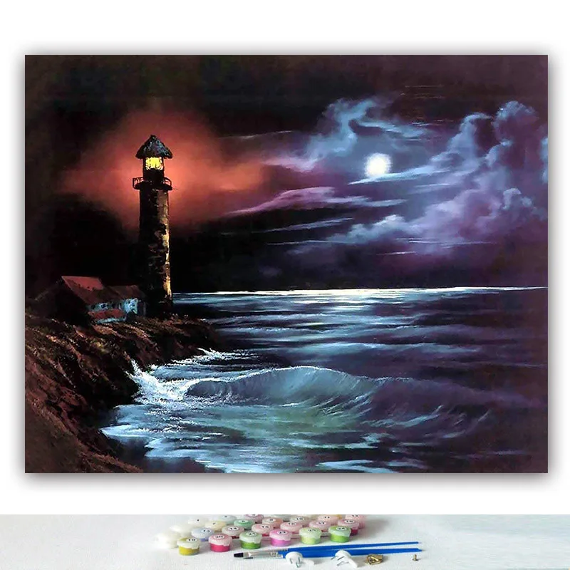 Lighthouse At Night Painting