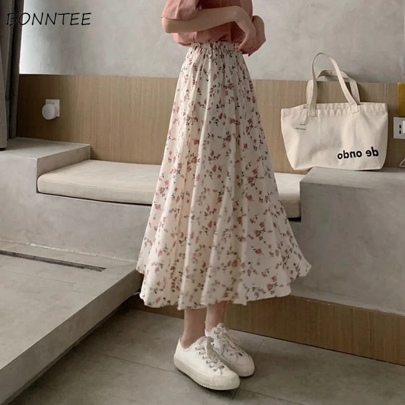 여성용 꽃무늬 스커트 아늑한 소녀 레저 시크한 하이 웨이스트 심플한 오피스 레이디 데일리 홀리데이 여성 A 라인 미디