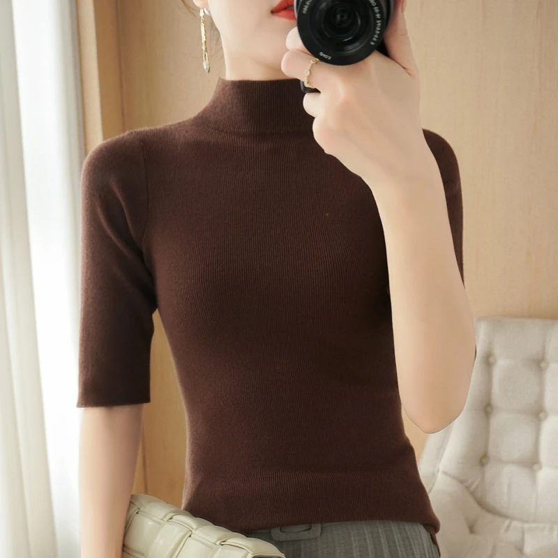 Knitted-Short-sleeve-Spring-and-Summer-Half-turtleneck-Pullovers-Slim ...