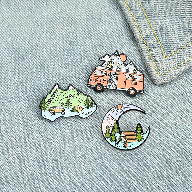 Camping-Nature-Hiking-Enamel-Pin-Travel-Bus-Mountain-River-Forest ...