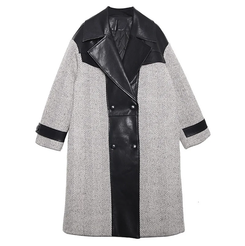 [EAM] свободное серое шерстяное пальто из искусственной кожи с разрезом ...