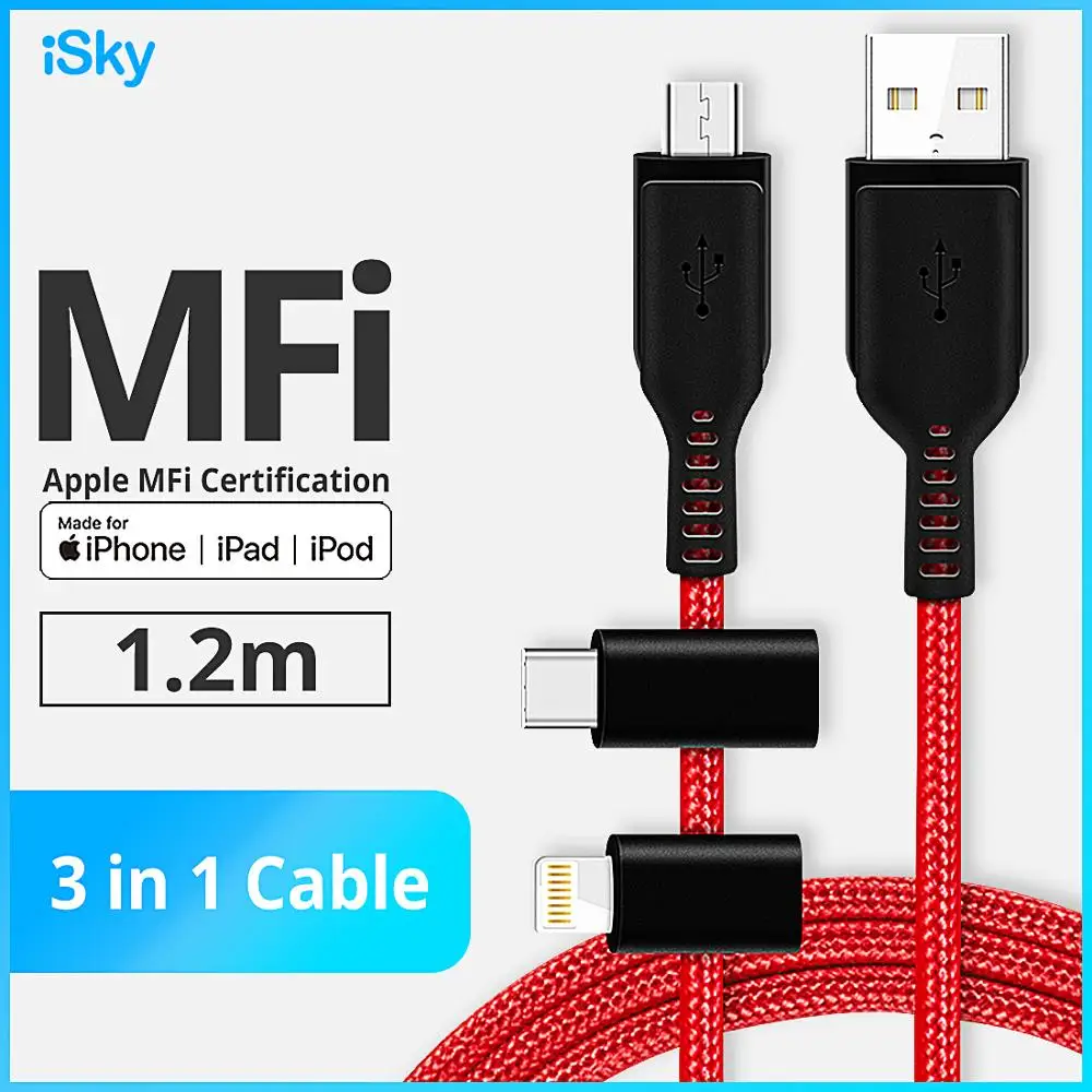 Isky mfi 케이블 리드 [3 in 1】 iphone 용 usb 케이블 android usb type c 번개 용 usb ...