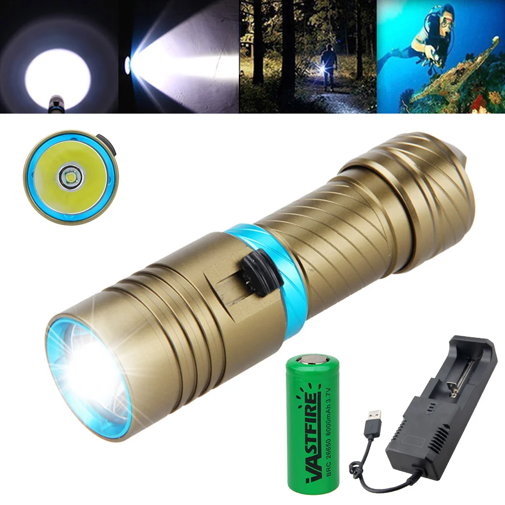 VASTFIR 10000LM Diving Flashlight Waterproof underwater 100M XM L T6 ...