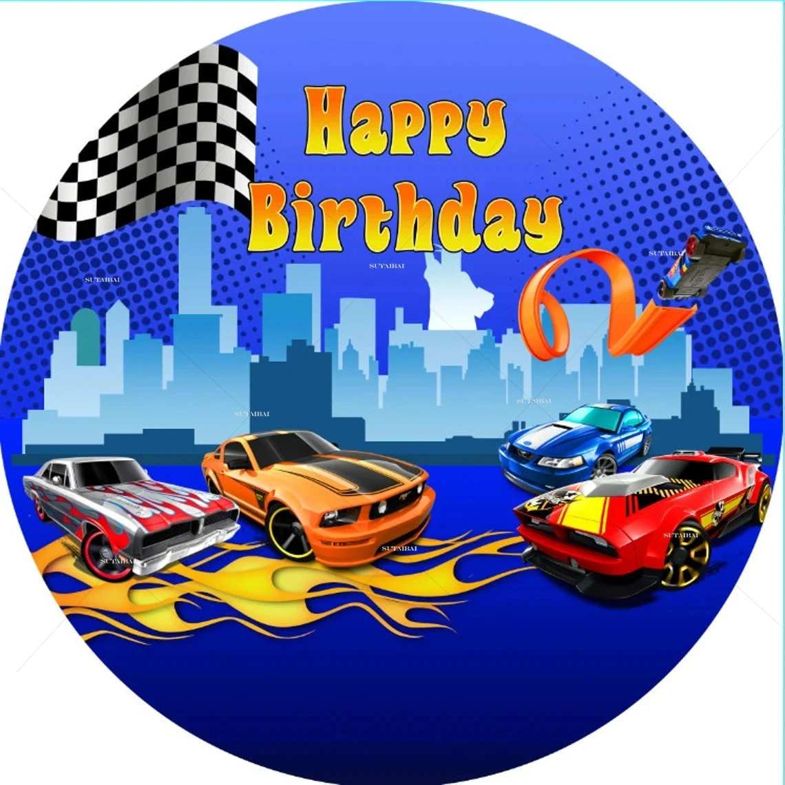 Hot Wheels Cartoon Round Photography Backdrop Boys Happy Birthday