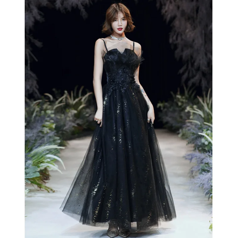 Vestido noturno longo, elegante, preto, festa, lantejoulas, apliques ...