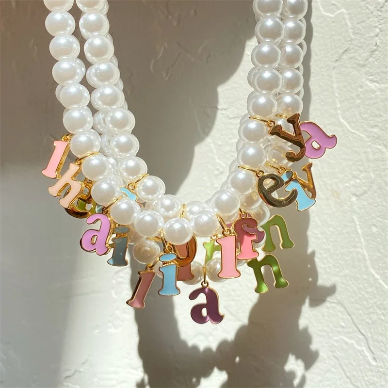 Colorful Imitation Peal Letter Necklaces Name Necklace Custom Necklace ...