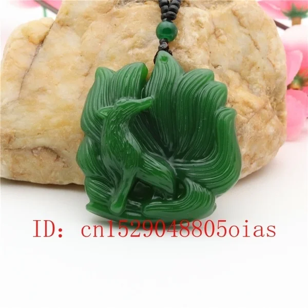 Natural Green Chinese Jade Nine-tailed Fox Pendant Beads Necklace ...