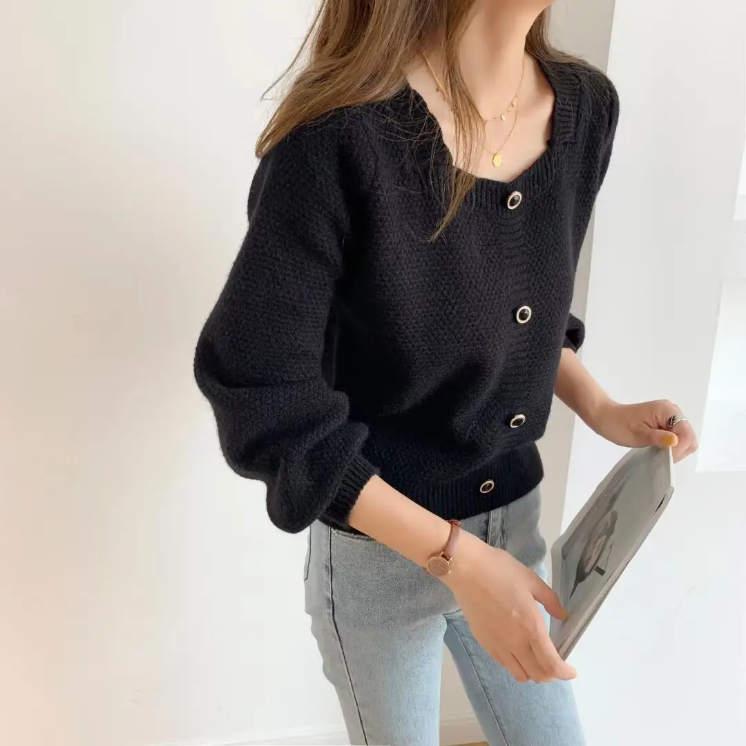 Pull,Pull à manches longues et col carré pour femme, tricot uni, Simple ...
