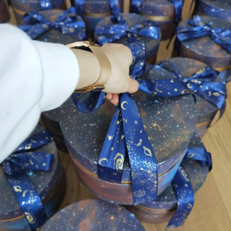 Blue Starry Galaxy Gift Boxes with Ribbon Round Shaped Souvenir Present ...
