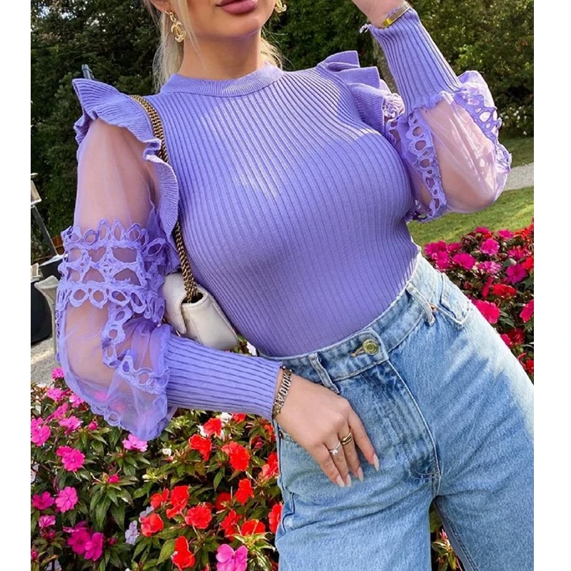 Mandylandy Mesh Stitching Ruffled Top Sweaters Women Sexy Ruffle ...