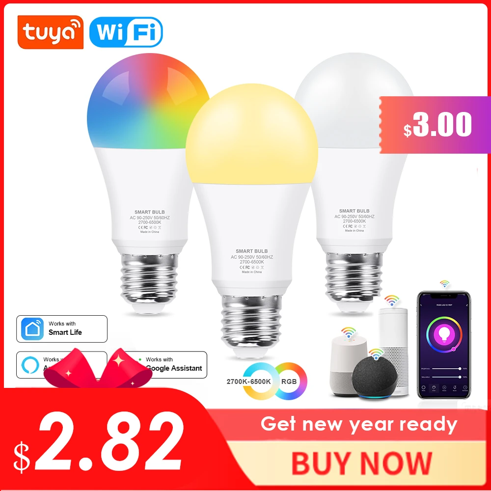 Tuya 15W 18W 와이파이 스마트 전구 E27 RGB LED 램프 지능형 밝기 조절 따뜻한 화이트 나이트 램프 구글 홈 알렉사 음성 제어, 조명, 밝기 조절, 화이트 ...