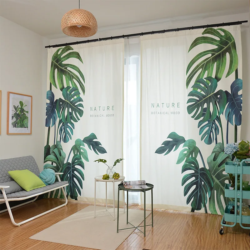 Modern Elegant Custom Green Plant Leaves Print Curtains Shade Thermal ...