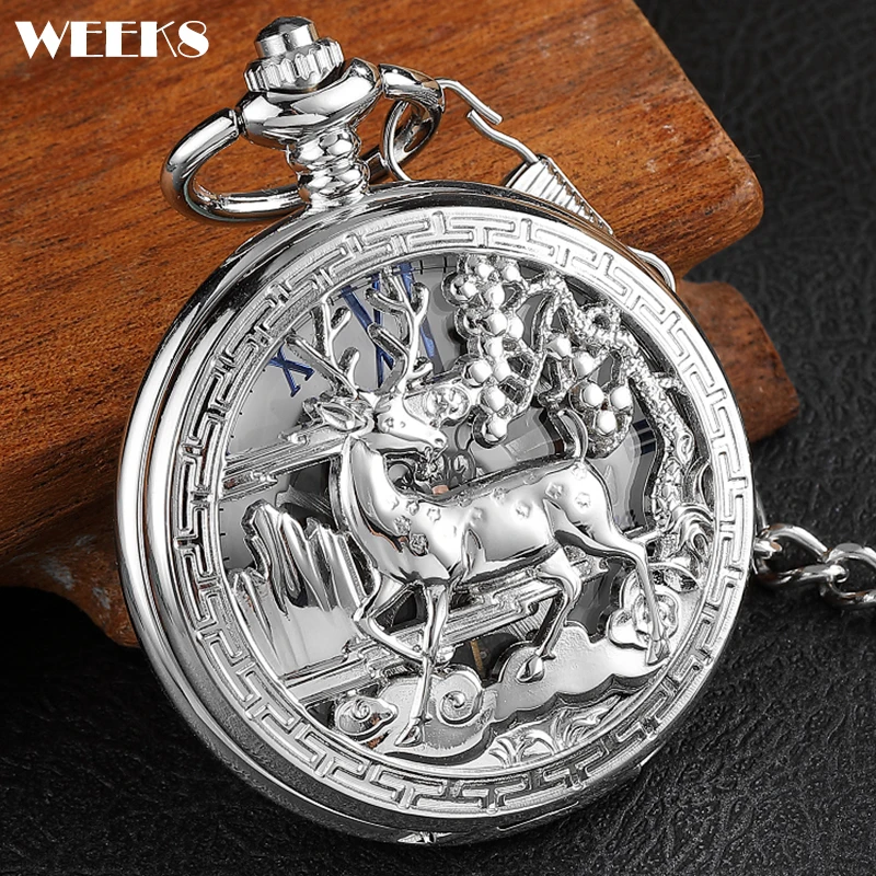 Roman-Numeral-Sliver-Deer-Mechanical-Pocket-Watch-Male-Antique-Vintage ...