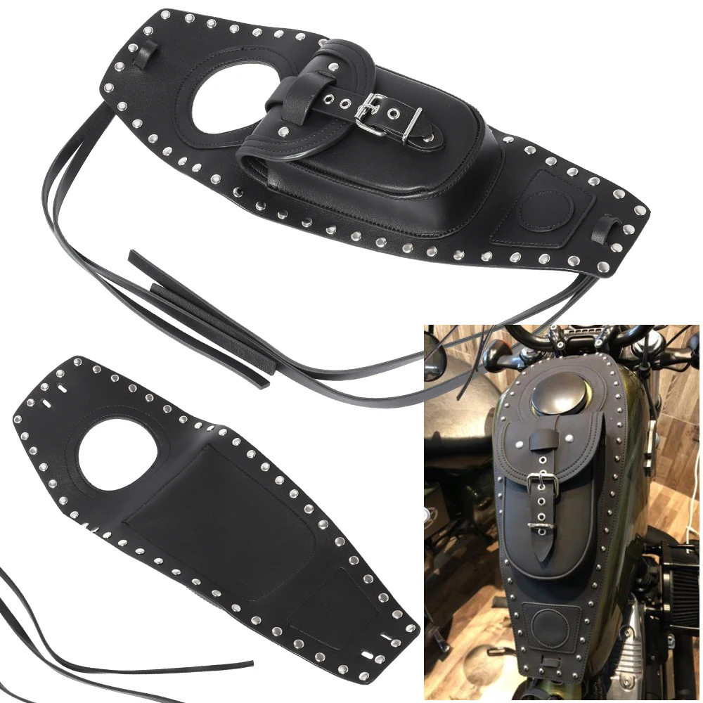 Black-Leather-Motorcycle-Oil-Fuel-Tank-Bag-Gas-Tank-Pad-Cover-w-Rivet ...