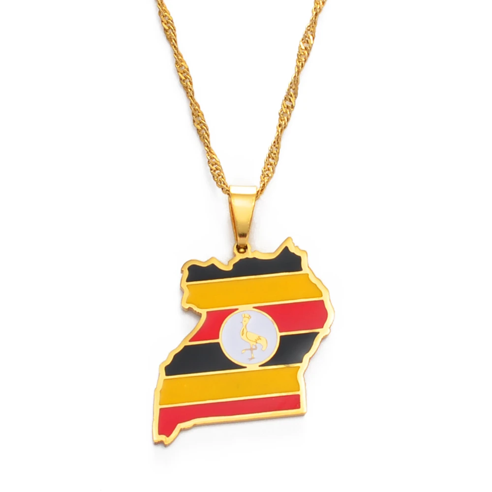 Anniyo Uganda Map & Flag Pendant Necklace Gold Color Jewelry Ugandan ...