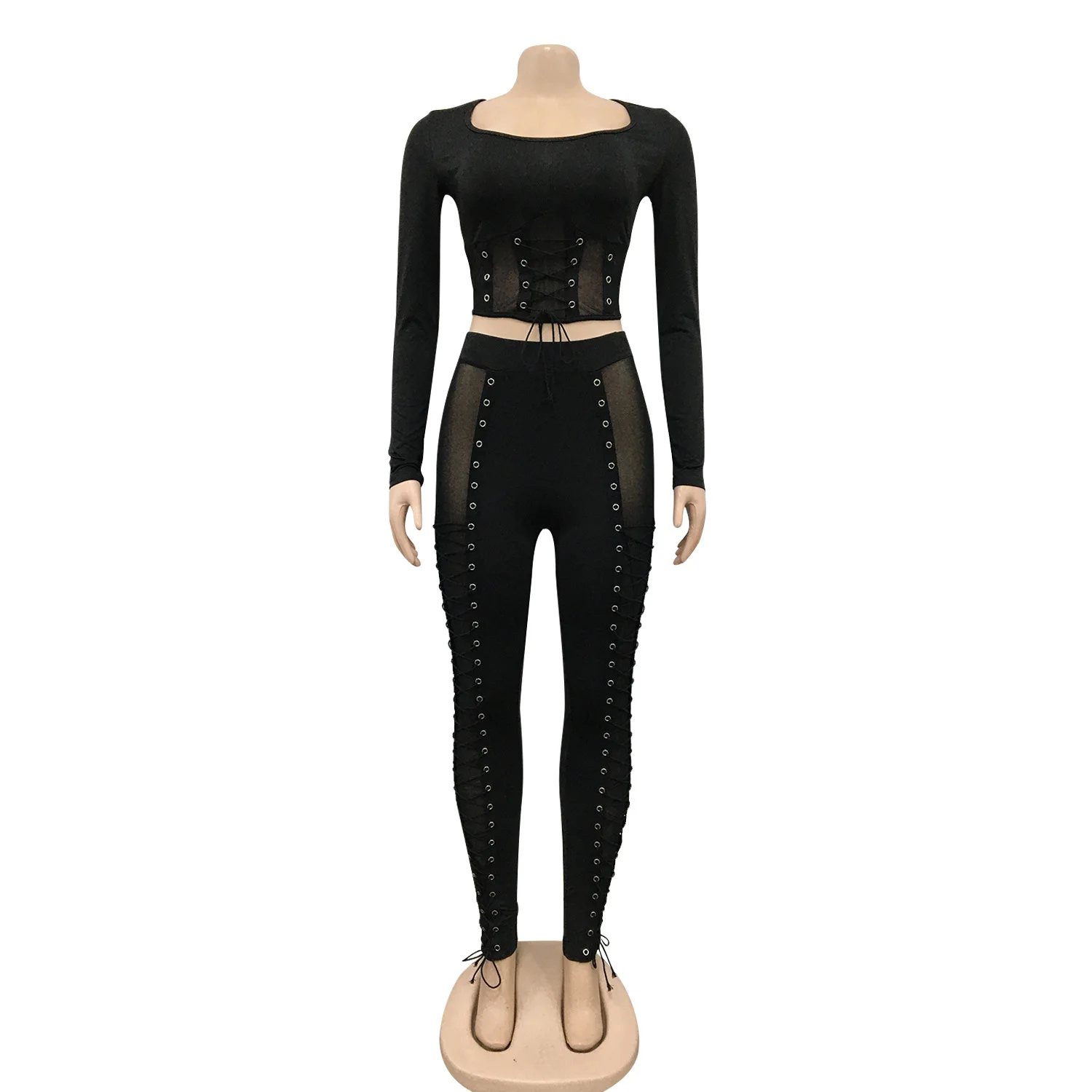 Sheer Mesh See-through Skinny Two Piece Set Women Streetwwear Lace Up ...