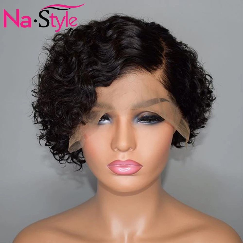 Perruque Bob Lace Front Wig naturelle brésilienne Remy, cheveux courts bouclés, coupe Pixie, 150 ...