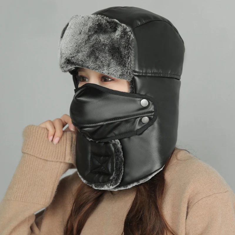 Chapeau d'hiver en cuir pour hommes et femmes, coupe vent, masque de ...